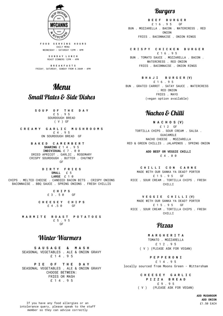 Tap Room Menu – McCanns Beer