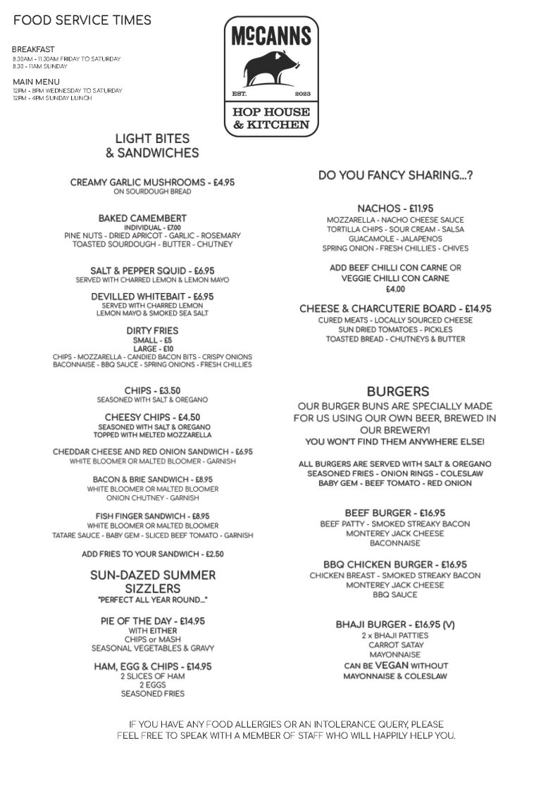 Tap Room Menu – McCanns Beer